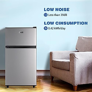 WANAI Mini Fridge with Freezer 3.5 Cu.Ft Double Door Compact Refrigerator with Freezer-on-Top Small Freestanding Fridge with 7 Level Adjustable Thermostat Bedroom Dorm Office, Kitchen Apartment Silver