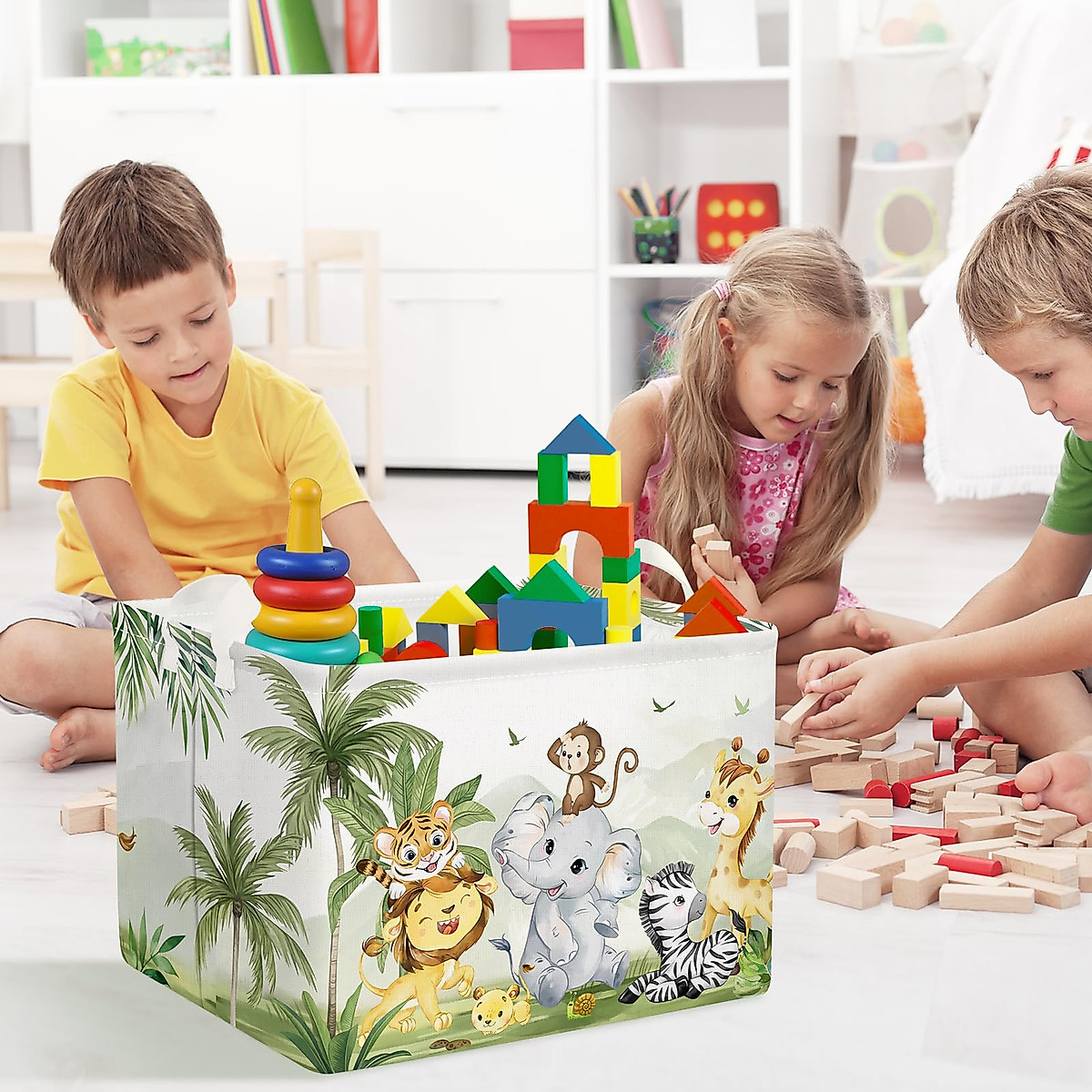 Clastyle Rectangular Safaci Animals Storage Baskets Tropical Rainforest Elephant Giraffe White Shelf Basket Clothes Books Toys Storage Bin for Bedroom Kindergarten