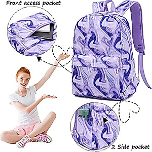 Jumpopack 3 Pcs Girls Backpack Lightweight Waterproof Girls Backpack with Lunch Box 16inch Laptop Sleeve Backpack for Teen Girls School Backpack School Bag Bookbag (Marble Purple)
