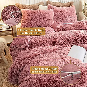 XeGe Plush Shaggy Duvet Cover, Luxury Ultra Soft Crystal Velvet Fuzzy Bedding 1PC(1 Faux Fur Duvet Cover), Fluffy Furry Comforter Cover with Zipper Closure(Queen, Old Pink)