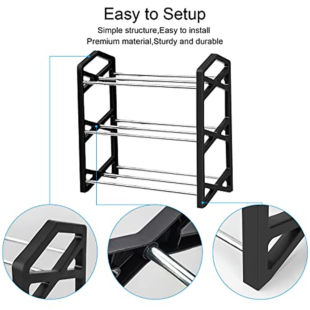 NiHome 3-Tier Shoe Rack Multifunctional Sturdy Steel Organizer Compact Small Size Lightweight 6 Pairs Footwear Freestanding Shelf for Closet Hallway Entryway Living Room Bedroom X Shape Frames (Black)