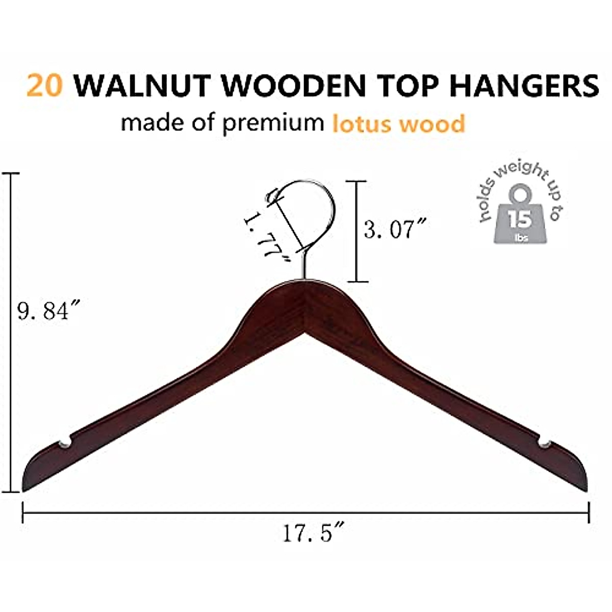 Amber Home Smooth Walnut Finish Solid Wood Shirt Dress Hangers 20 Pack, Sturdy Wooden Coat Hangers with Precisely Notches, Clothes Hangers for Jacket, Camisole, Bridal (Walnut, 20)