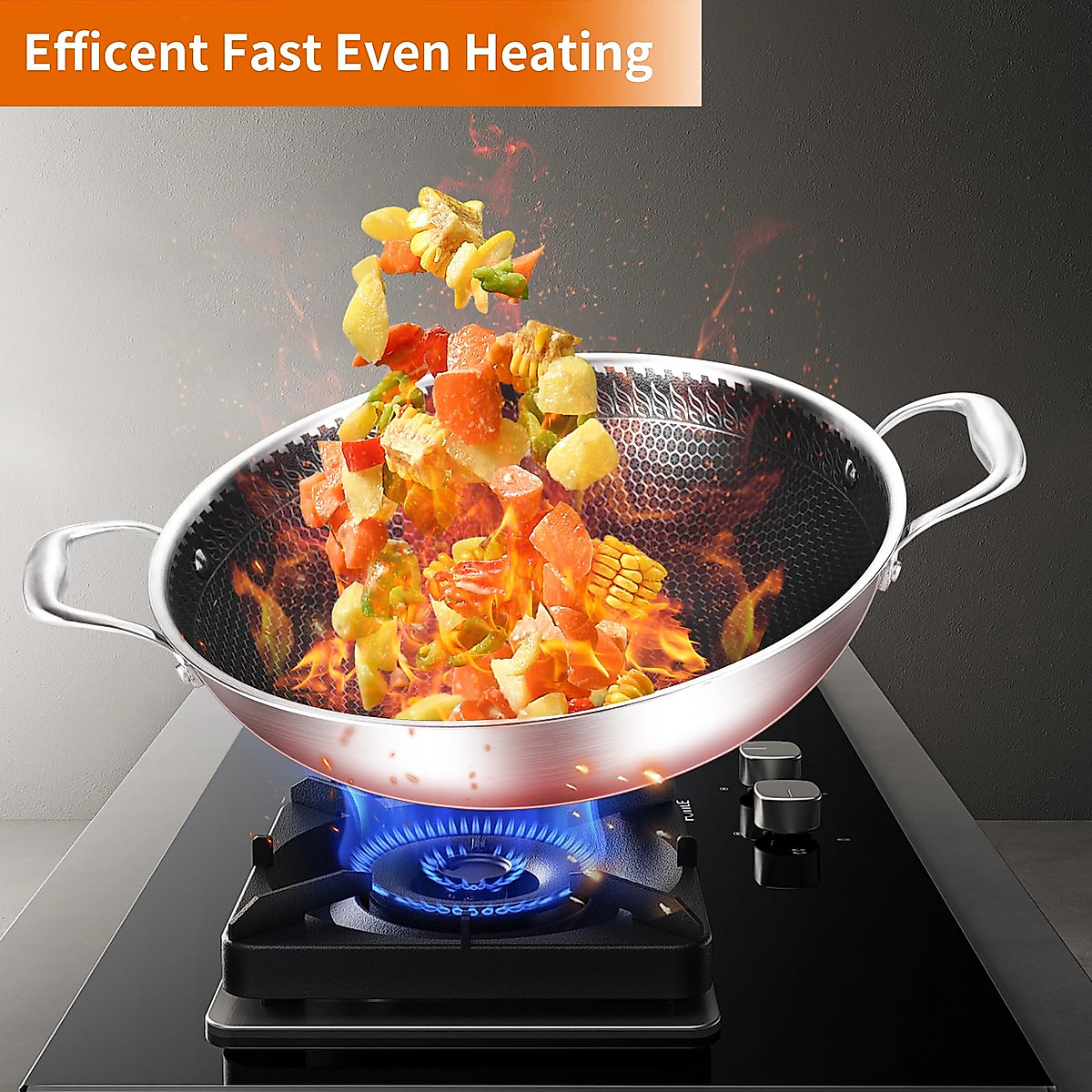 DELARLO Wok Pan With Lid 12 Inch, Oven Safe Up to 600℉,Woks & Stir-Fry Pans Nonstick,Tri-Ply Stainless Steel Wok, Non Stick Wok, 5QT Nonstick Deep Frying Pan, Induction Saute Pan With Lid