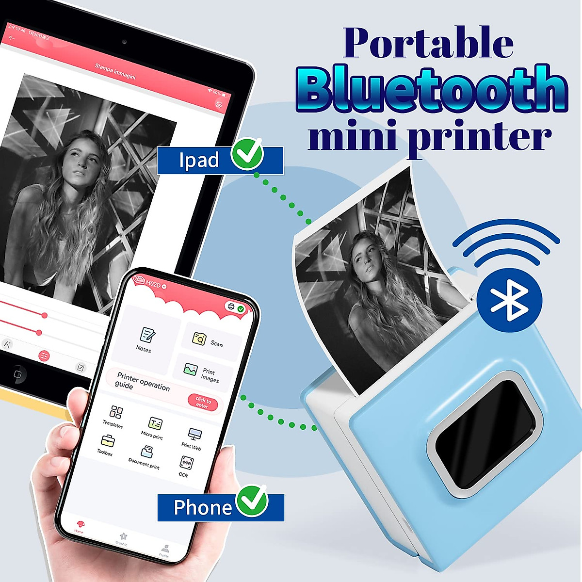 PokeLabel Portable Mini Sticker Printer, M02D Portable Wireless Printer with 1 Roll Paper, Compatible with iOS Android, Pocket Printer for Small Business, Bullet Journal, Work Plans, Memos
