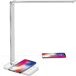 LED Desk Lamp Dimmable Table Lamp Reading Lamp with USB Charging Port, 5 Lighting Modes, Sensitive Control, 30/60 Minutes Auto-Off Timer, Eye-Caring Office Lamp (Silver, White)