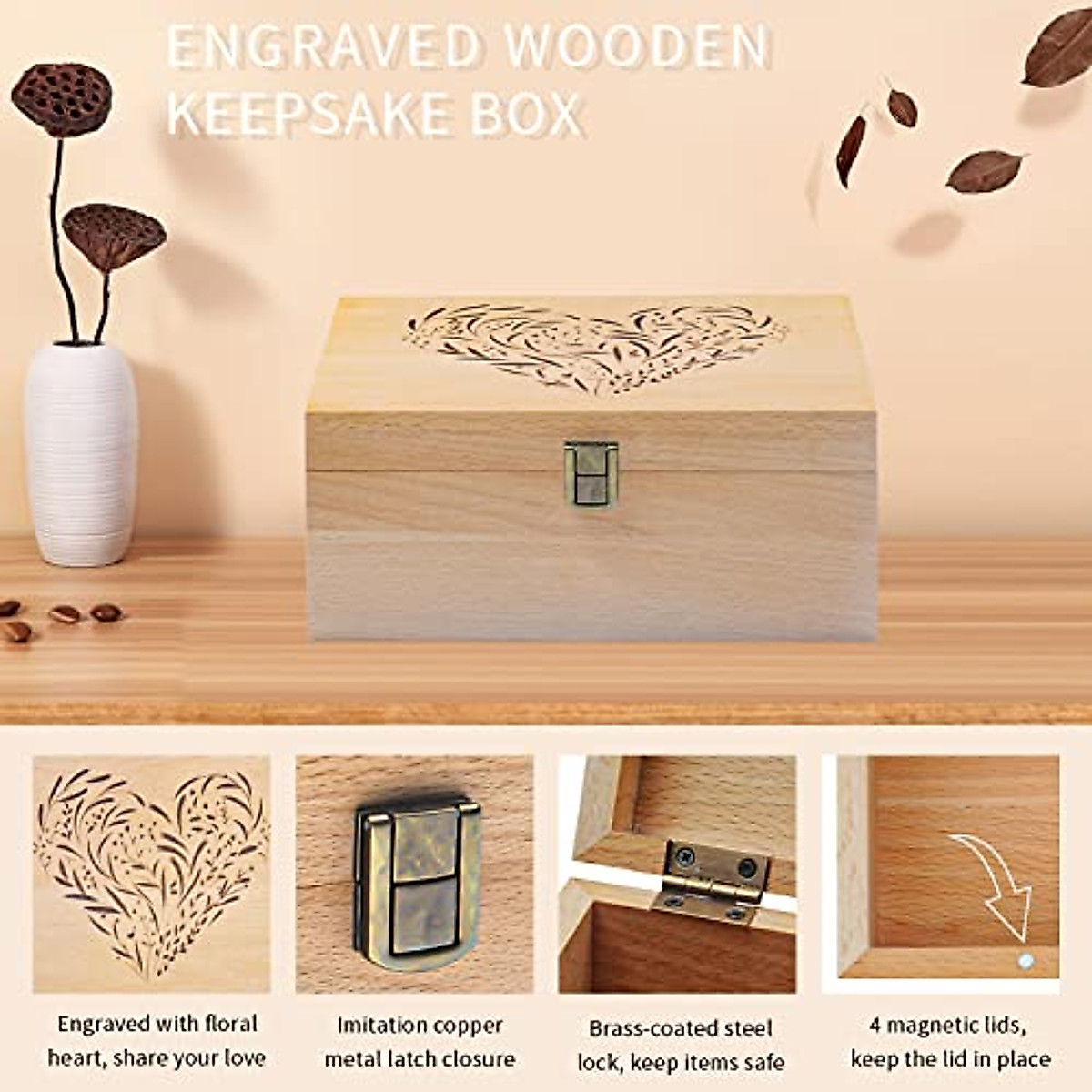 EXISTING Wooden Memory Keepsake Box, Floral Heart Engraved Keepsake Boxes with Lids, Memory Box for Keepsakes for Anniversary, Wedding, Memory, Birthday, Valentines Day, Wood Box for Office or Home