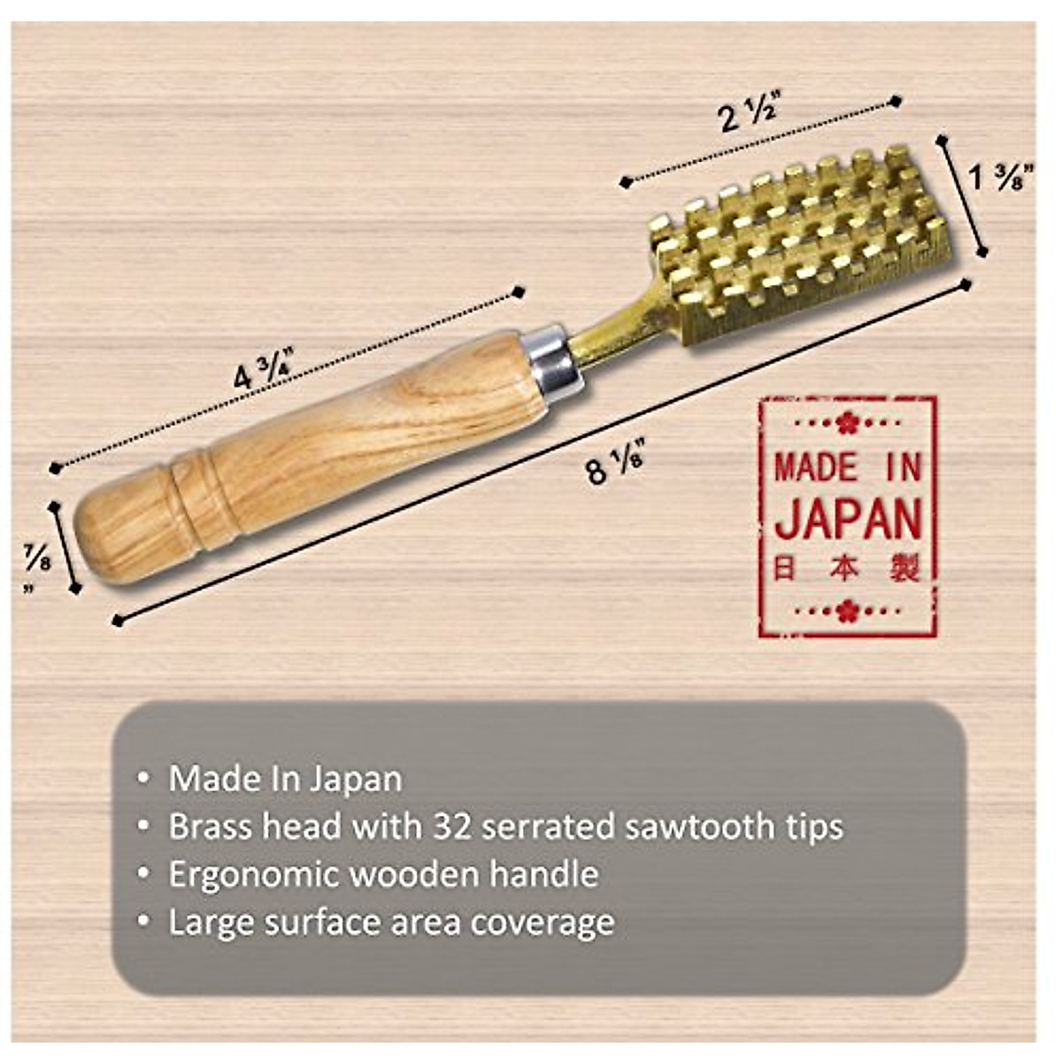Kwizing Made in Japan [Extra Large] Fish Scaler Brush with Brass Serrated Sawtooth and Ergonomic Wooden Handle - Easily Remove Fish Scales Without Fuss Or Mess - Handcrafted by Japanese Artisans
