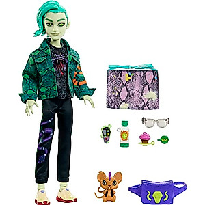 Monster High Deuce Gorgon Doll in Signature Look with Denim Snake Jacket & Accessories, Pet Mouse Perseus