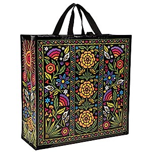 Blue Q Shopper - Flower Fest. Reusable grocery bag, sturdy, easy-to-clean, 15" h x 16" w x 6" d. Made from 95% recycled material.