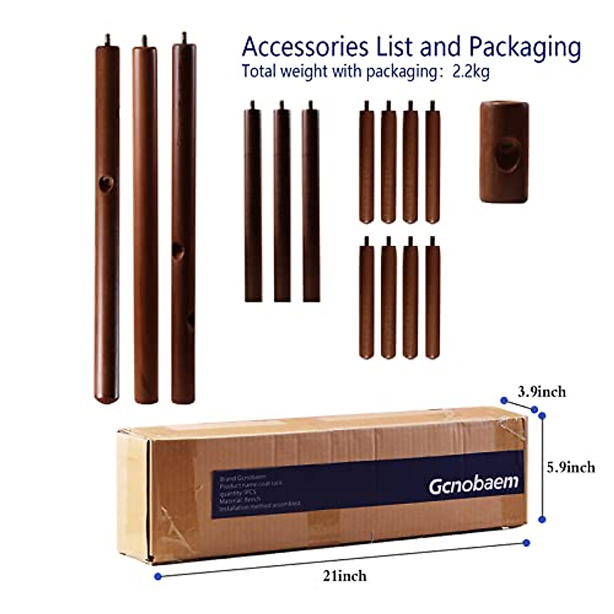 Gcnobaem Wooden Tree Coat Rack with 3 Adjustable Sizes, 8 Hooks, Super Easy Assembly NO Tools Required, Free Standing Solid Coat Hanger Stand for Clothes, Garment, Hats, Accessories (Dark Walnut)