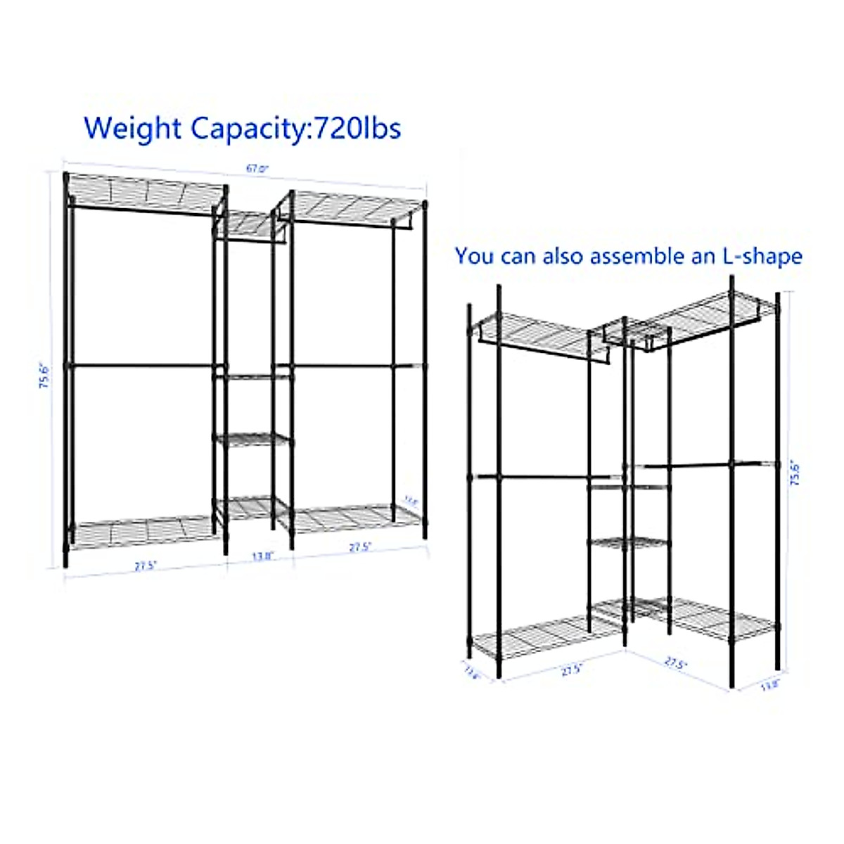 Serxis Heavy Duty Clothes Rack for Hanging Clothes, Metal Garment Rack，Large Capacity Portable Clothing Rack，Freestanding Open Wardrobe Organizer Rack, 67.0"L x 13.8"W x 75.6"H Max Load 720LBS, Black