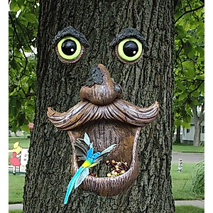 ALLADINBOX Tree Face Birdfeeder - Old Man with Glowing Eyes in Dark Outdoor Tree Hugger Sculpture - Whimsical Garden Decoration and Wild Birdfeeder Yard Art
