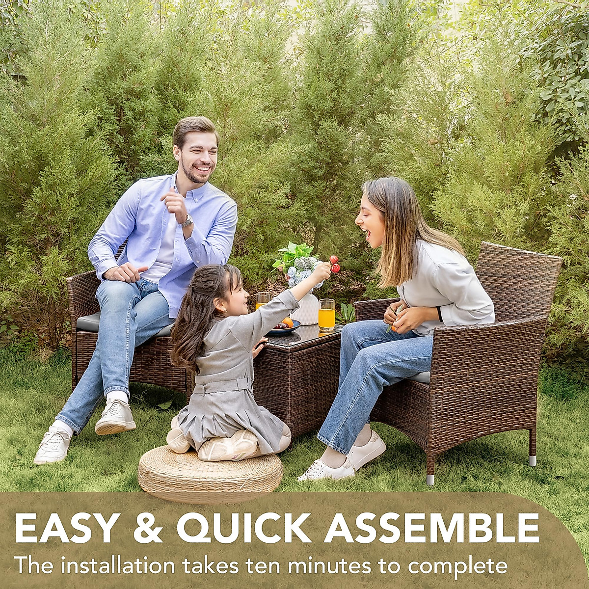 Devoko Patio Porch Furniture Sets 3 Pieces PE Rattan Wicker Chairs with Table Outdoor Garden Furniture Sets (Brown/Grey)