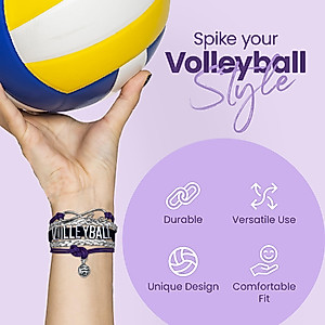 Volleyball Bracelet- Ideal Gifts. Adjustable Charm Bracelet with Moveable Letters, Infinity Symbol & Silver Volleyball Charm. Fashionable Bracelet by SportyBella. (Purple)