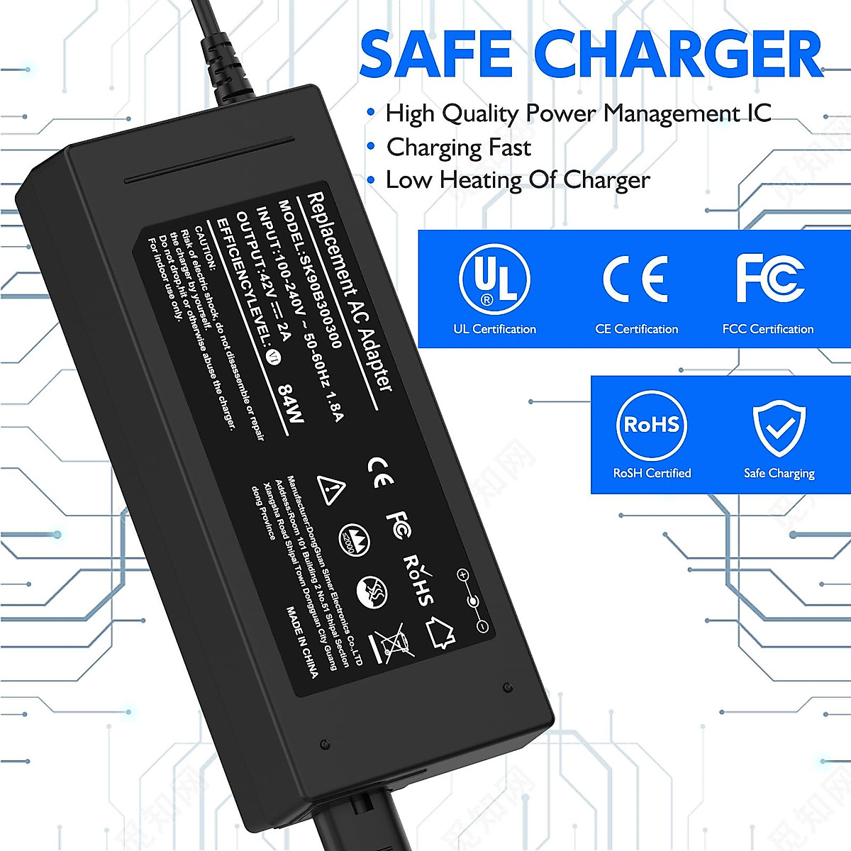 42V 2A Electric Scooter Charger for GOTRAX,PowerFast 1-Prong Inline Connector for 36V Pocket Mod,Diameter 5.5mm, 2.1mm