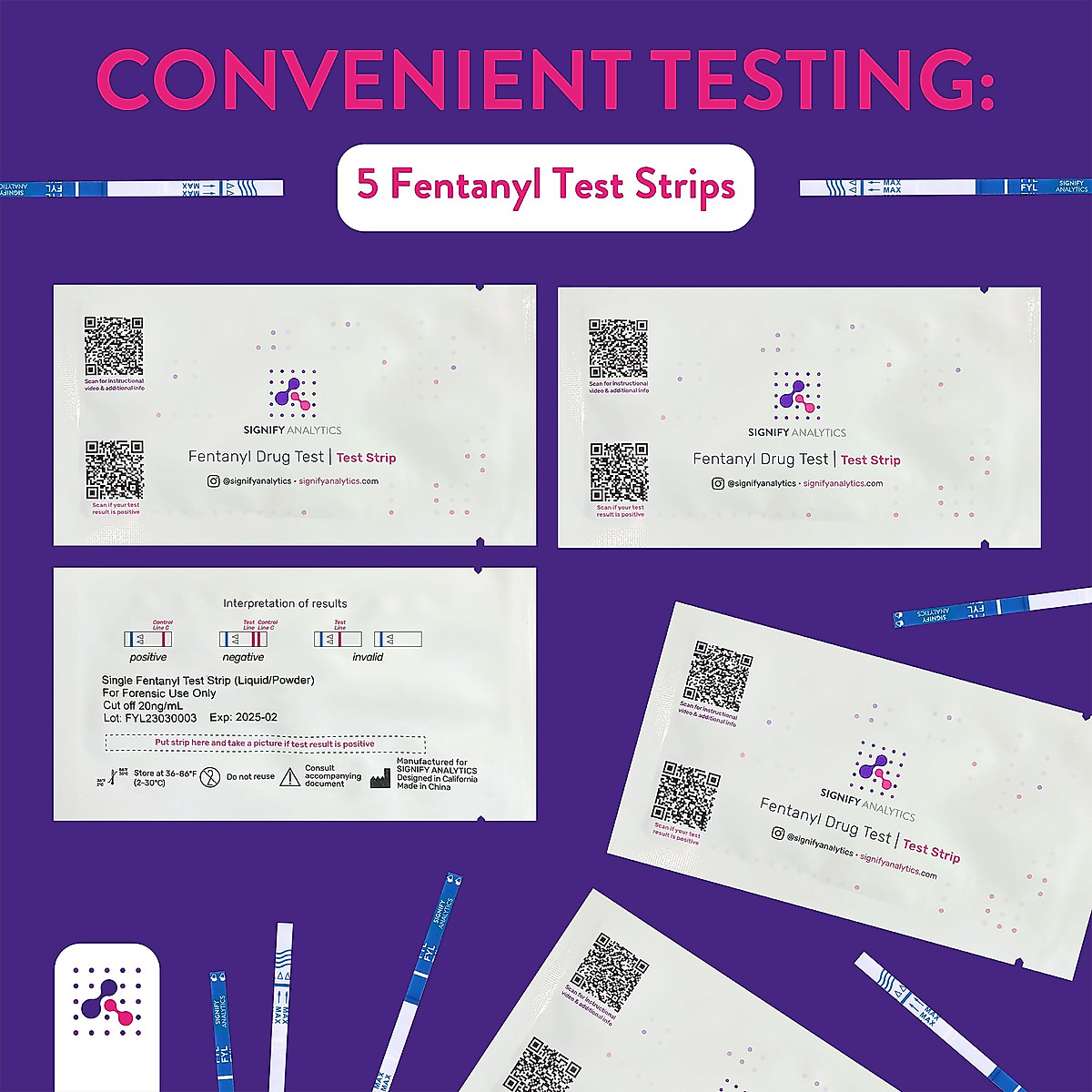 Fentanyl Test Strips 5 Pack | Signify Analytics Highly Sensitive Fentanyl Test Strips for Testing Drugs | Fentanyl Testing Strips for Pills, Powders, and Liquids | 20ng/mL Cutoff