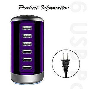 Universal USB Charger 6-Port Desktop USB Charging Station Hub with Smart Identification Technology Compatible with iPhone iPad Cell Phone Tablets(Purple)