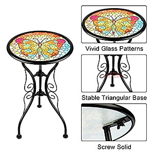 YardsBee Butterfly Outdoor Side Table,Mosaic Patio Side Table,12 Inch Accent Round Side Table,Plant Table with Tile Top,Samll Metal Glass End Table for Garden Porch Patio Home…