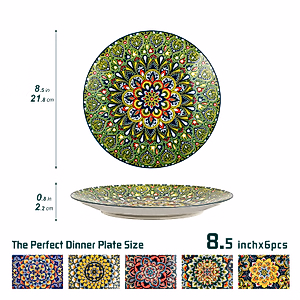LECOOICS Ceramic Dinner Plates Set of 6, 8.5 Inch, Microwave/Oven/Dishwasher Safe, Scratch Resistant, Bohemian Style Dinnerware for Salad, Pasta, Dessert,Steak, Appetizers