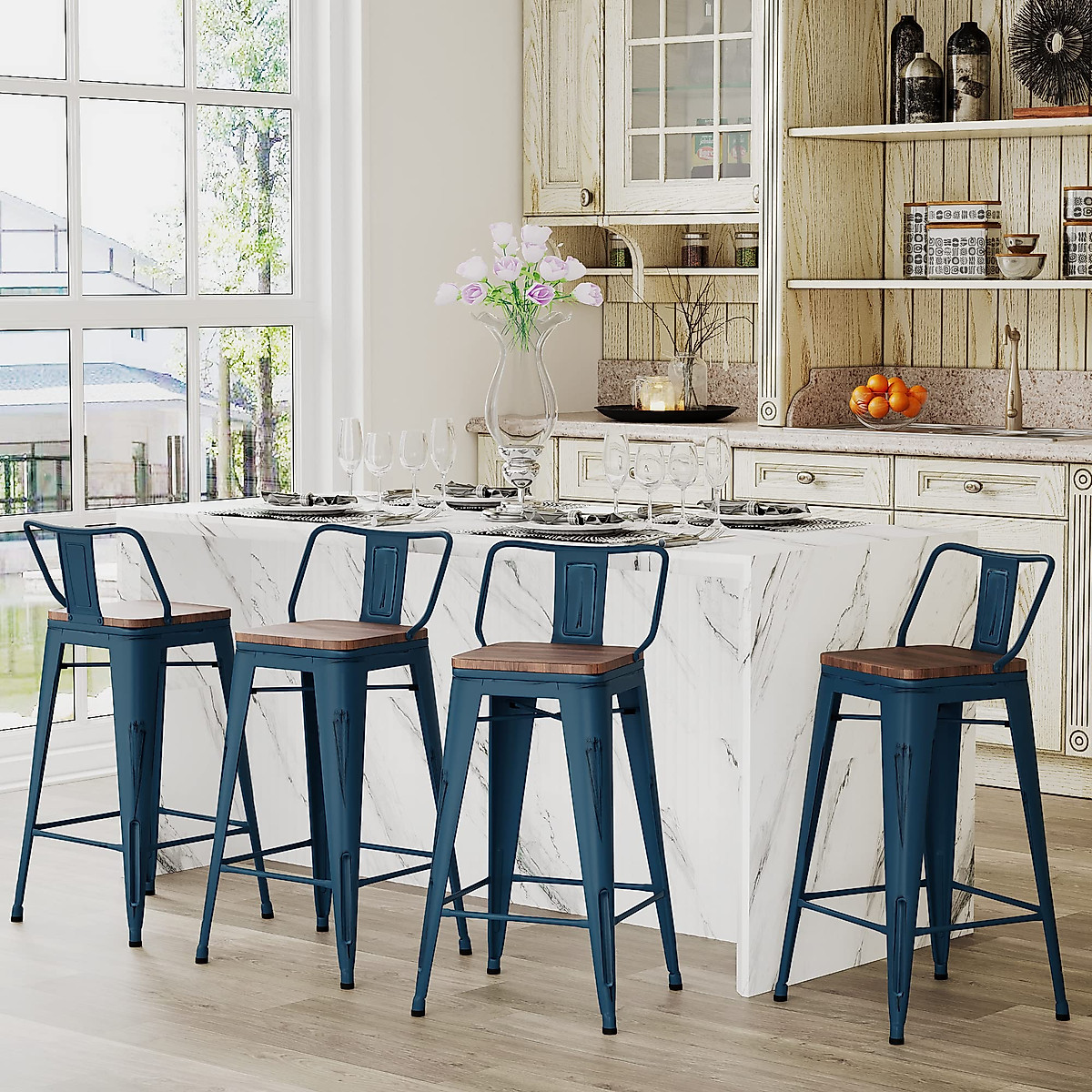 Andeworld Bar Stools Set of 4 Counter Height Stools Industrial Metal Barstools with Wooden Seats(24 Inch, Distressed Navy)