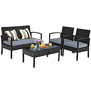DORTALA 4 Piece Patio Furniture Set, Outdoor Rattan Wicker Conversation Set with Cushion & Coffee Table, Chairs and Table Set for Courtyard Balcony Garden, Black