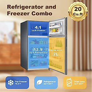 Refrigerator with Freezer, Top Freezer Refrigerators, 18 Cu ft Full Size Kitchen Refrigerator, 2 Door Apartment Size Stainless Steel Fridge, Frost Free 5 Adjustable Thermostat, Home, Office, Silver
