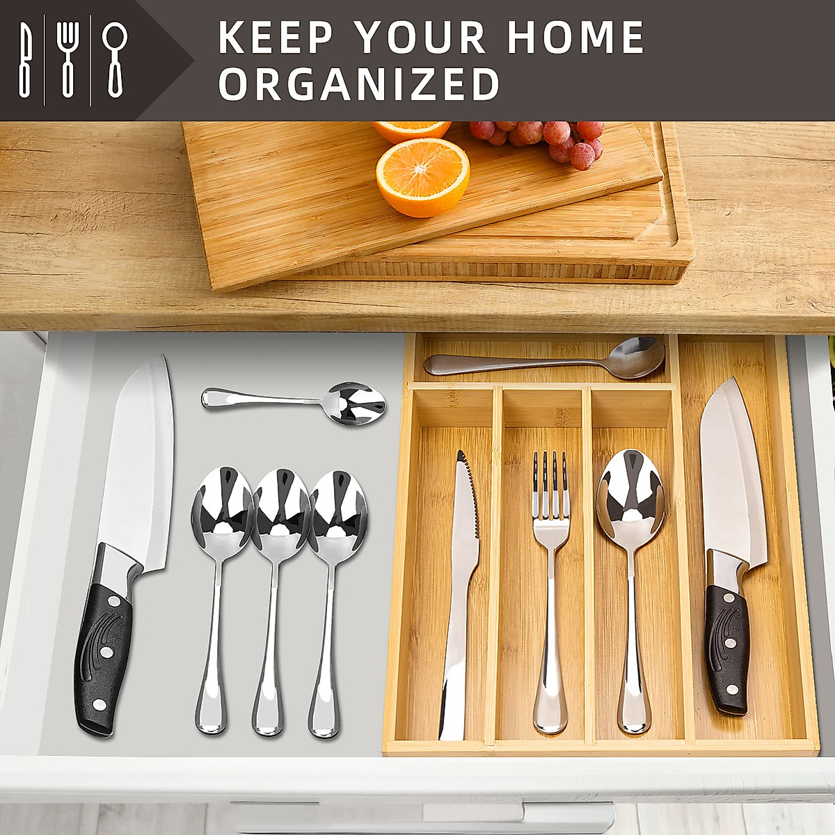 Conflech Silverware Organizer Bamboo Kitchen Drawer Organizer Utensil Organizer Silverware Holder Cutlery Organizer in Drawer Flatware Organizer Tray