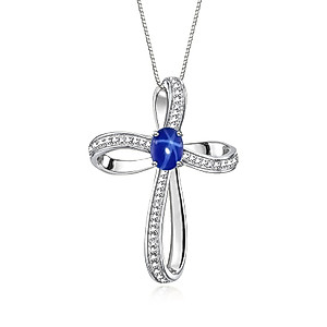 Rylos Necklace Sterling Silver Cross Necklace Gemstone & Diamonds Pendant With 18" Chain 8X6MM Blue Star Sapphire September Birthstone Womens Jewelry Silver Necklace