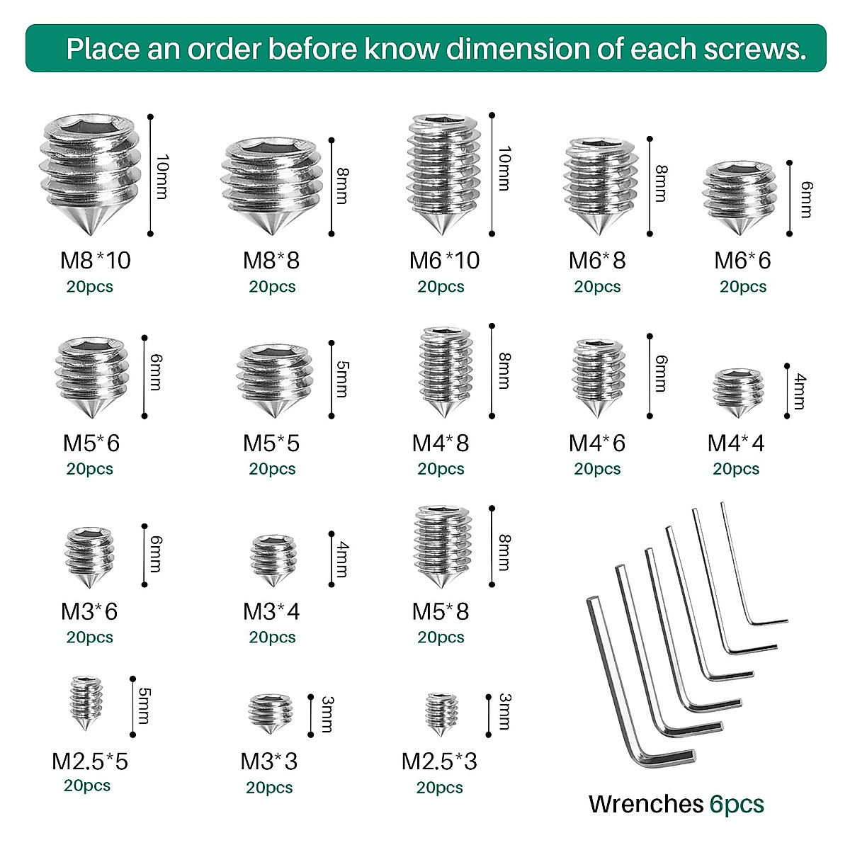 AJUER 320PCS Metric M2.5/3/4/5/6/8 304 Stainless Steel Allen Head Hex Socket Cone Point Set Screws,Internal Hex Drive Grub Screws,Tip Point Headless Set Screw Assortment Kit for Door Handle,Bathroom