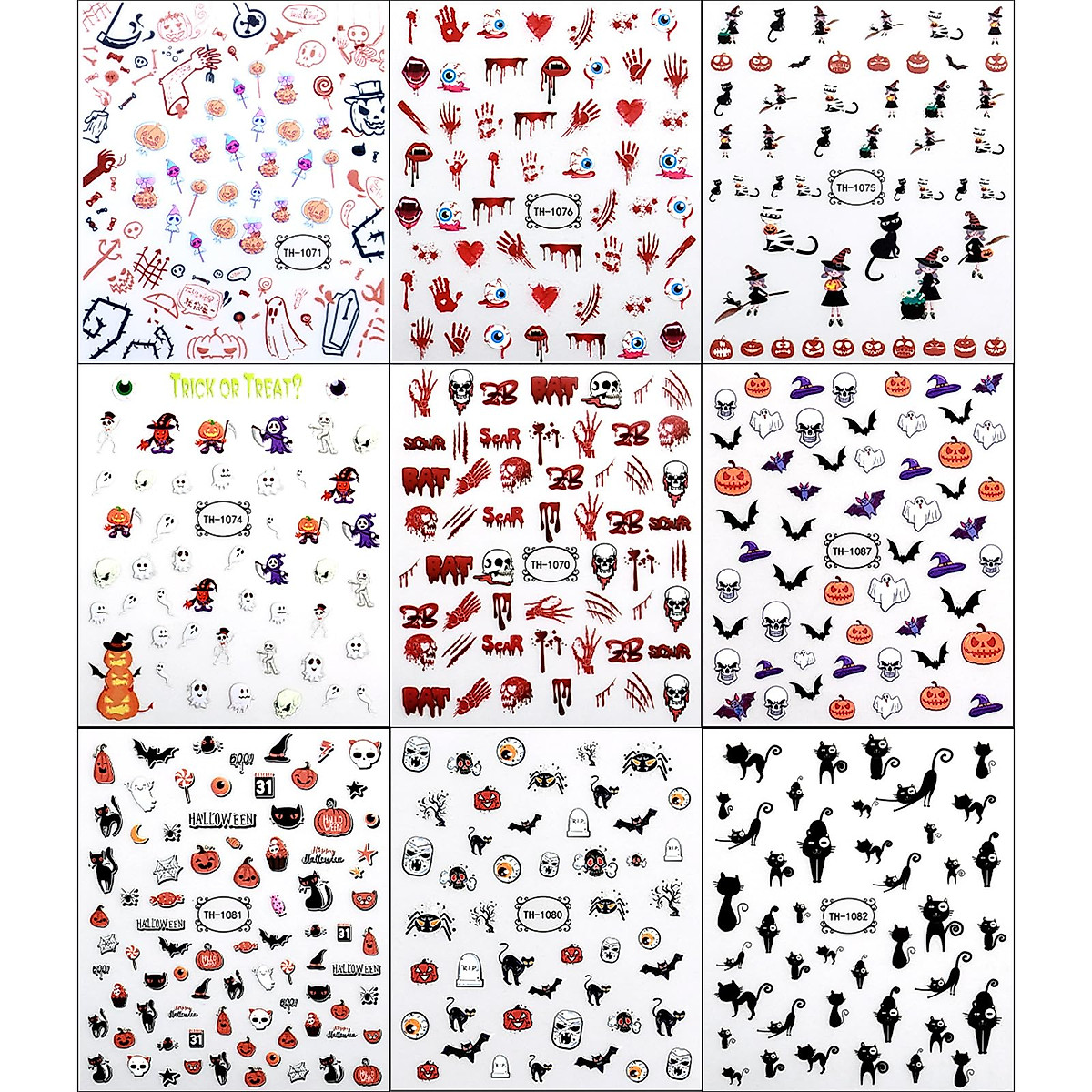 JMEOWIO 9 Sheets Halloween Glow in The Dark Nail Art Stickers Decals Self-Adhesive Pegatinas Uñas Skull Horror Nail Supplies Nail Art Design Decoration Accessories