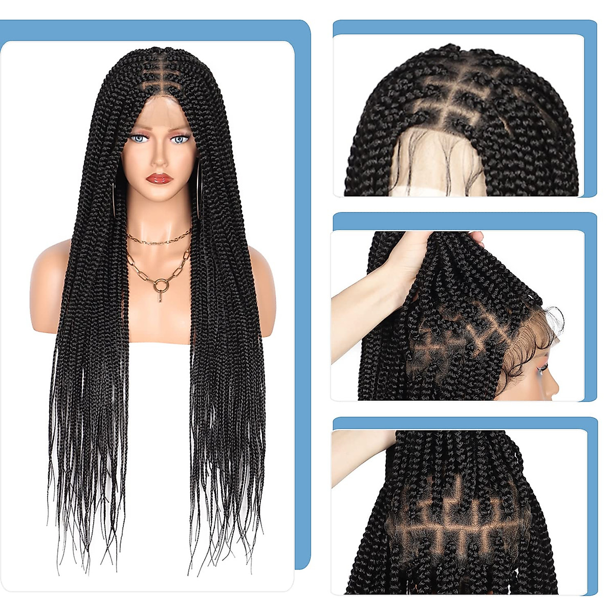 Fecihor 36" Knotless Braided Wigs Lace Front Box Braids Lace Frontal Wig for Women Human Hair Blended Black Hand Full double lace Braid Wig With Baby Hair