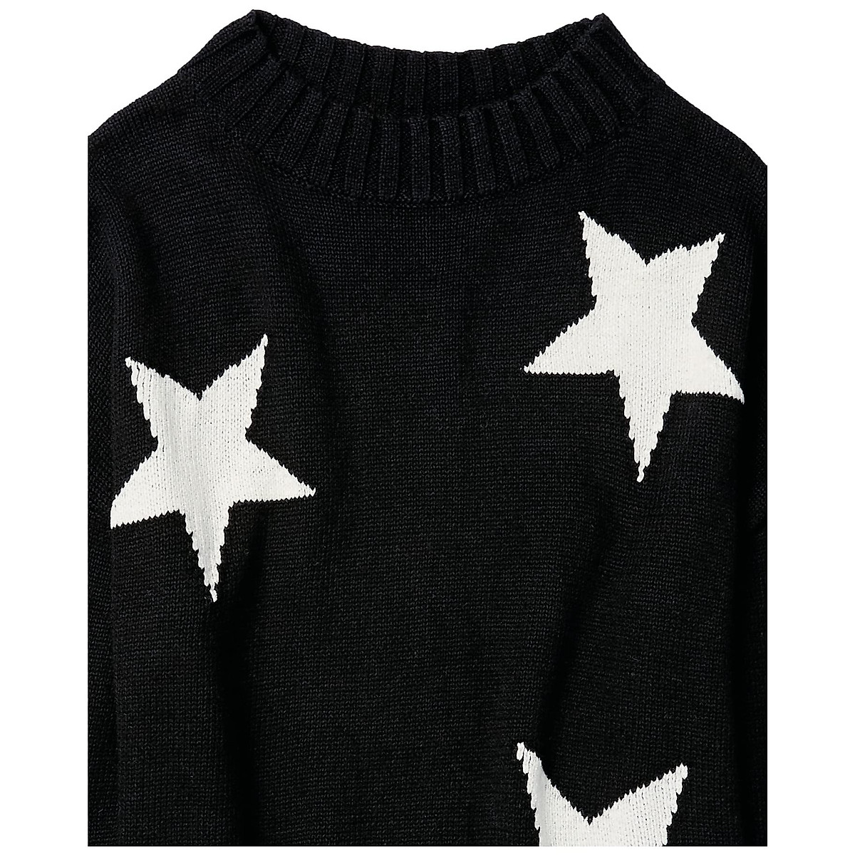 Cable Stitch Women's Intarsia Sweater – Star, Lightning Bolt, Heart Graphics Long Sleeve Crewneck Pullover Top (Black/White Star, Medium)