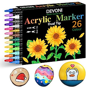 DEYONI Dual Tip Acrylic Paint Pens, 26 Colors, Medium and Brush Tips, Ideal for Rock Painting, Ceramic, Wood, Plastic, Calligraphy, Scrapbooking, Card Making, DIY Crafts