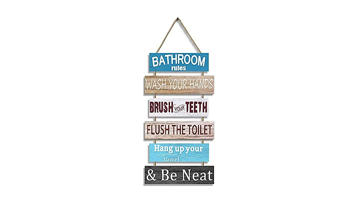 POSCHNOR Rustic Bathroom Wall Decor – Funny Farmhouse Rules Sign