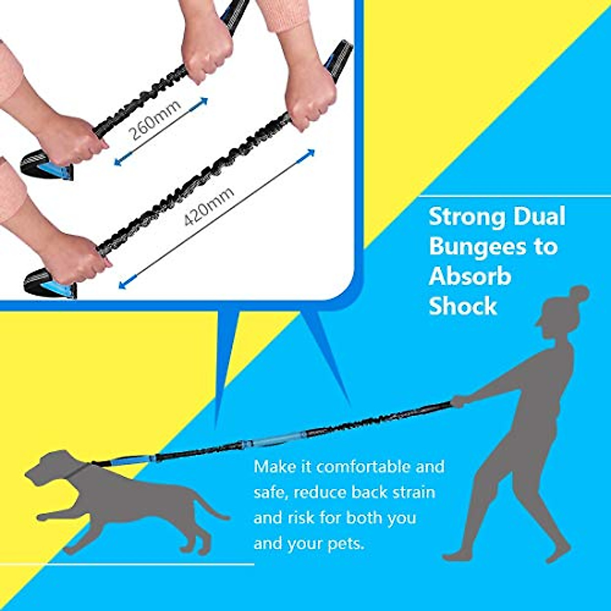 UPPETLY Hands Free Dog Running Leash with Adjustable Waist Belt, Dual Handle Elastic Bungees Retractable Rope for Medium and Large Dogs, Reflective Stitches for Walking Hiking Biking