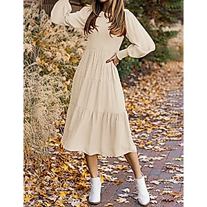 ZESICA Women's 2023 Casual Long Sleeve Crew Neck High Waist Smocked Flowy Tiered Midi Dress,Beige,Medium