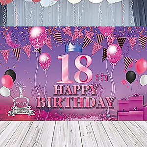 Happy 18th Birthday Backdrop Banner Pink Purple 18th Sign Poster 18 Birthday Party Supplies for Anniversary Photo Booth Photography Background Birthday Party Decorations, 72.8 x 43.3 Inch