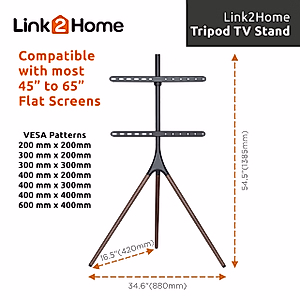 Link2Home Tripod TV Stand Swivel Easel for 45"-65" LED LCD Flat Screens up to 70 lbs., Tall TV Stand 54.5" for Corners, Bedroom, Black Bracket, Wood Base