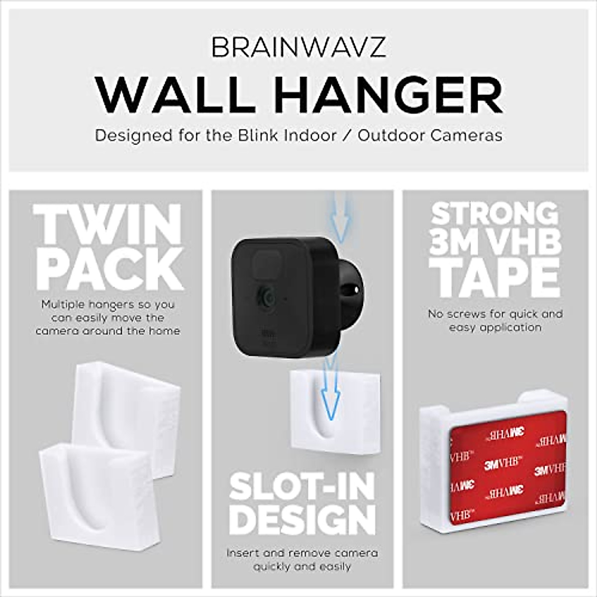 BRAINWAVZ Adhesive Blink Outdoor Indoor Camera Mount, 2 Pack Holder, No Hassle Installation, No Screws, No Mess Bracket Stand, (White)