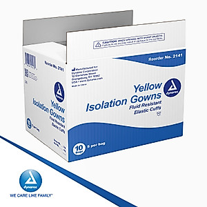 Dynarex Isolation Gowns - Full-Length, Max-Coverage Disposable Gowns - PPE Hospital Gown with Elastic Cuffs, Sewn Seams, Long Waist Ties, No Latex - Yellow, Large, 1 Case - 10 Bags of 5