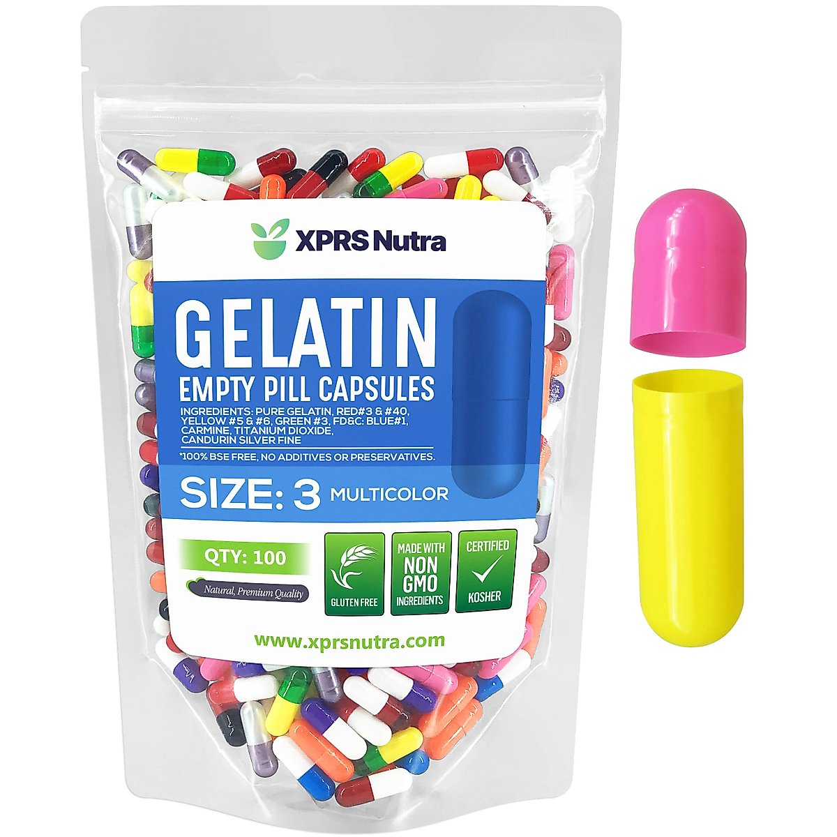 XPRS Nutra Size 3 Empty Capsules - 100 Count Empty Gelatin Capsules - Empty Pill Capsules - DIY Capsule Filling - Pure Bovine Pill Capsules Empty Gel Caps (Multi Color)
