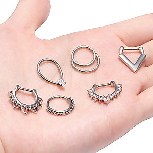 Dyknasz Septum Jewelry 16G Surgical Steel Nose Rings Hoop Septum Clicker Ring with Clear Diamond CZ Cartilage Helix Daith Earring Piercing Jewelry for Women Men 10mm (3/8")