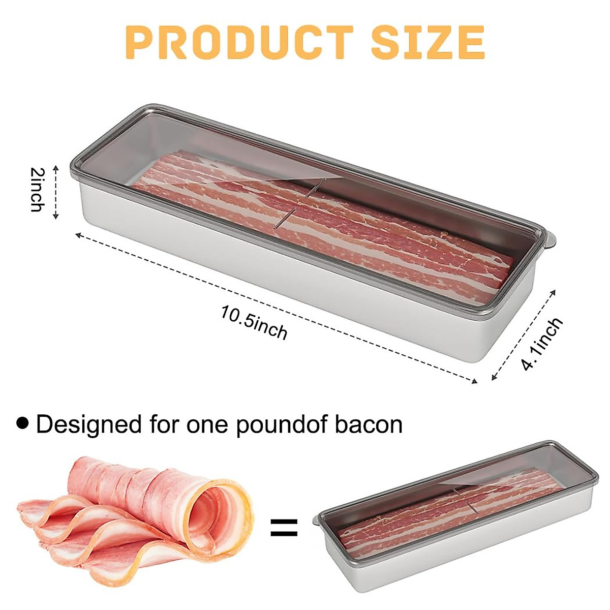 Yeasing Bacon Container Stainless Steel Airtight Cheese Container Bacon Containers for Refrigerator Food Storage Containers with Lids Deli Meat Saver Bacon Holder 10.5 Inches Long
