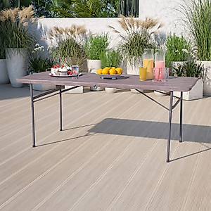 Flash Furniture Elijah 6-Foot Bi-Fold Brown Wood Grain Plastic Folding Table with Carrying Handle