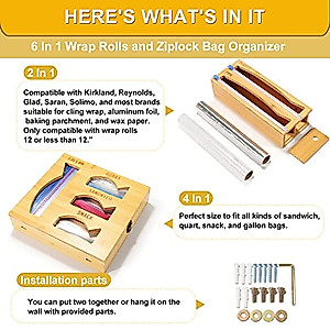 6 Slots Bamboo Wall mountable Ziplock Bag Storage Organizer and Foil & Plastic Wrap Dispenser with Cutter, for Kitchen Drawer, Counter Top, Pantry, Compatible with Gallon, Quart, Sandwich, Snack Bag