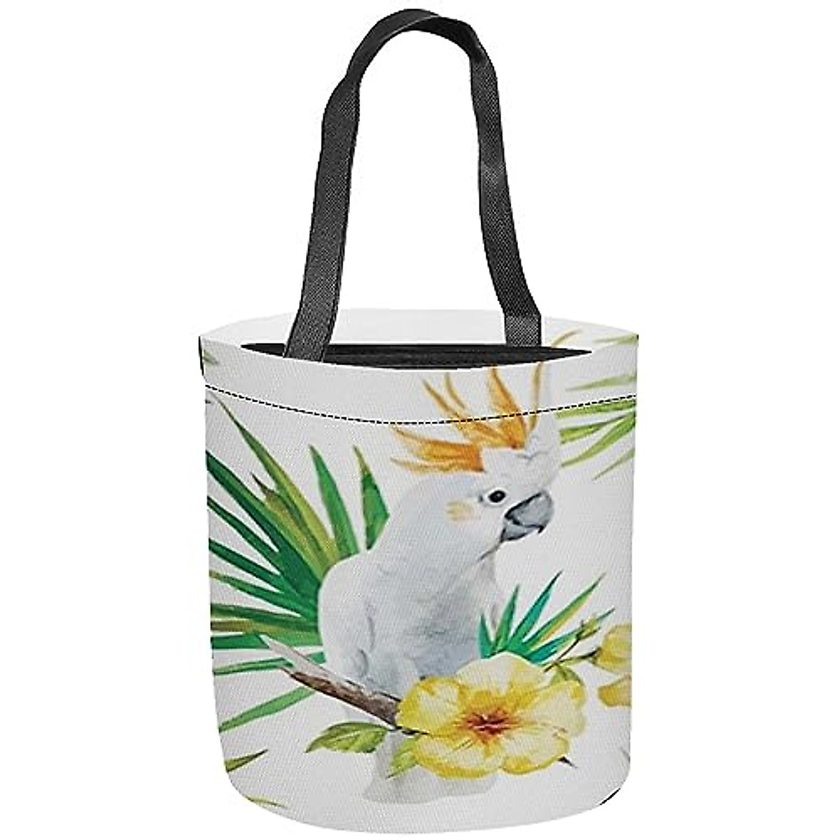 Fubido Parrot Print, Halloween Trick or Treat Bags,Hibiscus with Bird,Candy Bucket Tote Bag,White Yellow Green