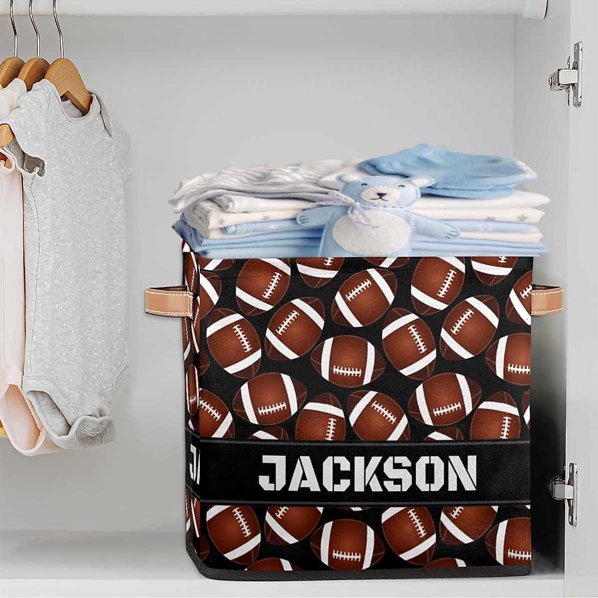 RIRIX Personalized Storage Bin, Custom Storage Baskets for Organizing with Handles, Foldable Storage Box for Closet Cloth Baskes Toy Football