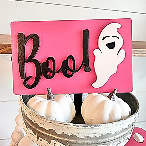 Halloween Decor-7Pcs Halloween Tray Decor-Cute Boo Ghosts with a Bow Pumpkin Happy Halloween Signs-Pink Farmhouse Rustic Tiered Tray Decor Items for Home Table House Room