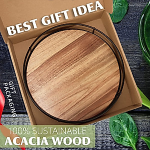 12" Acacia Wood Lazy Susan Turntable, Tomoaza Kitchen Organizer Turntable with Steel Sides, 360 Degree Turntable for Countertop Cabinet or Dining Table(Black)