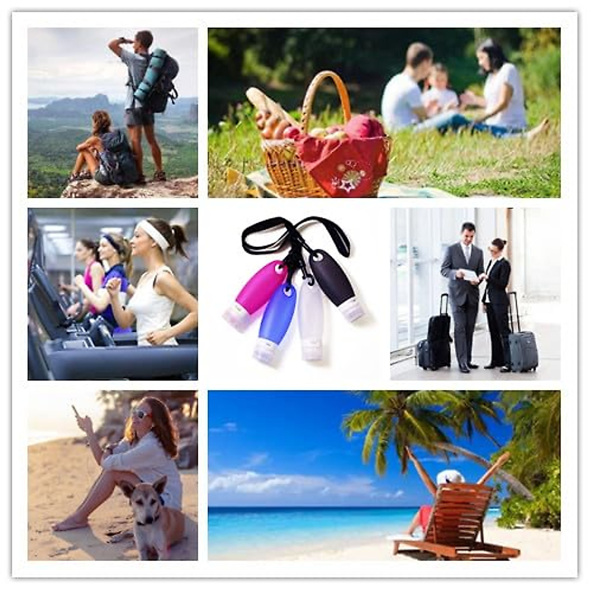 Fullplus Portable Silicone Squeezable Bottles Refillable Cosmetic Gym Containers Travel TSA Approved Tube Set with Shower Lanyard for Shampoo Lotion(3.3 oz,Pack of 4)